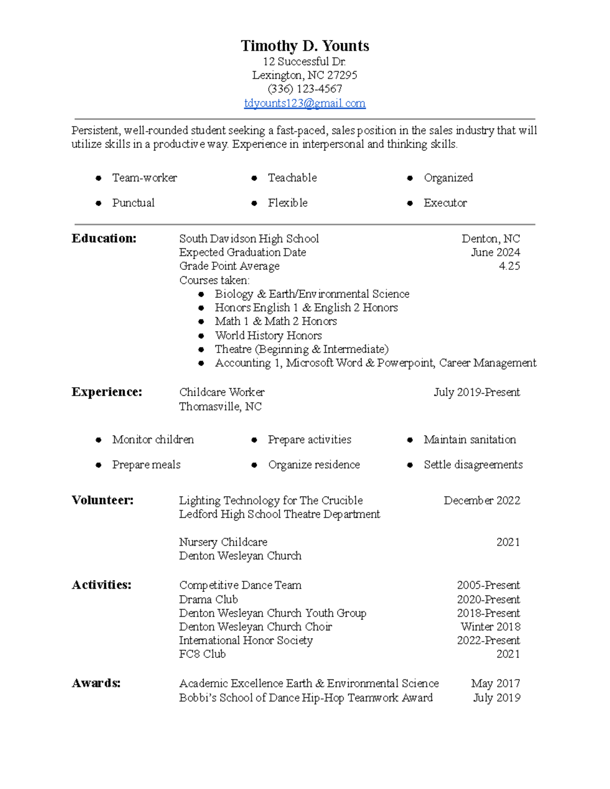 Sample Resume - Timothy D. Younts 12 Successful Dr. Lexington, NC 27295 ...