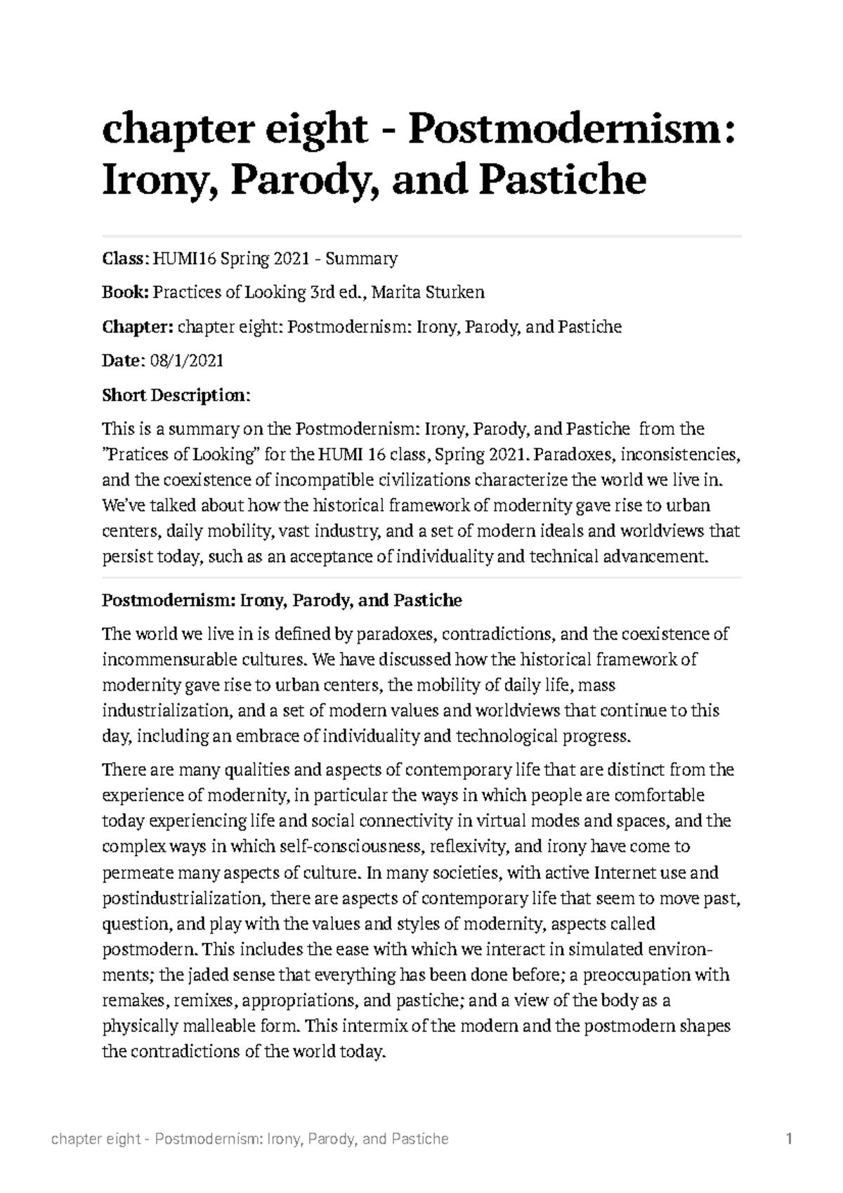 chapter eight - Postmodernism: Irony, Parody, and Pastiche - , Marita ...