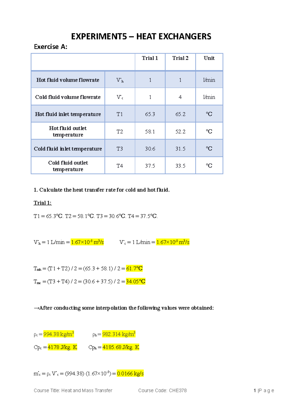 Experiment 5 – HEAT Exchangers - Exercise A: EXPERIMENT5 – HEAT ...