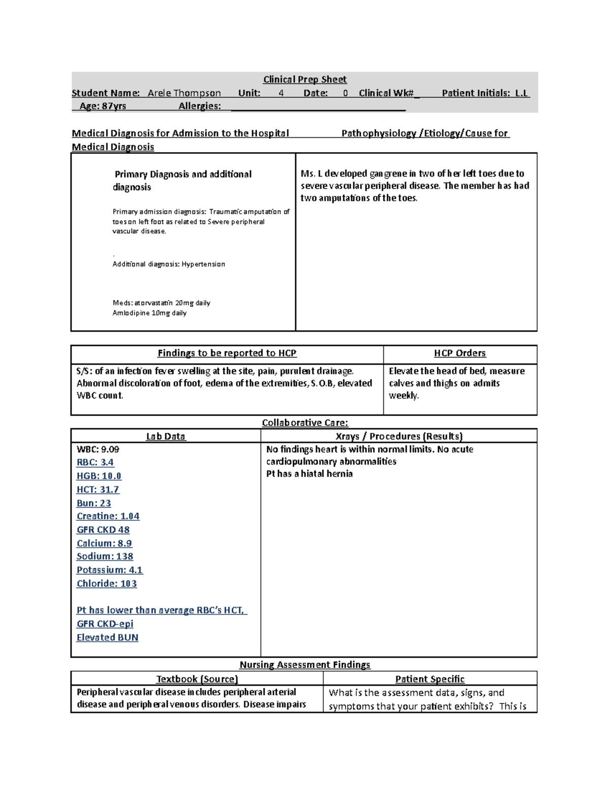 Clinical care plan - N/A - Clinical Prep Sheet Student Name: Arele ...