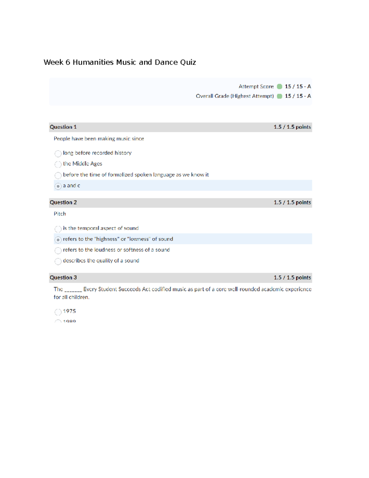 Week 6 Humanities Music and Dance Quiz - HUMN 100 - Studocu