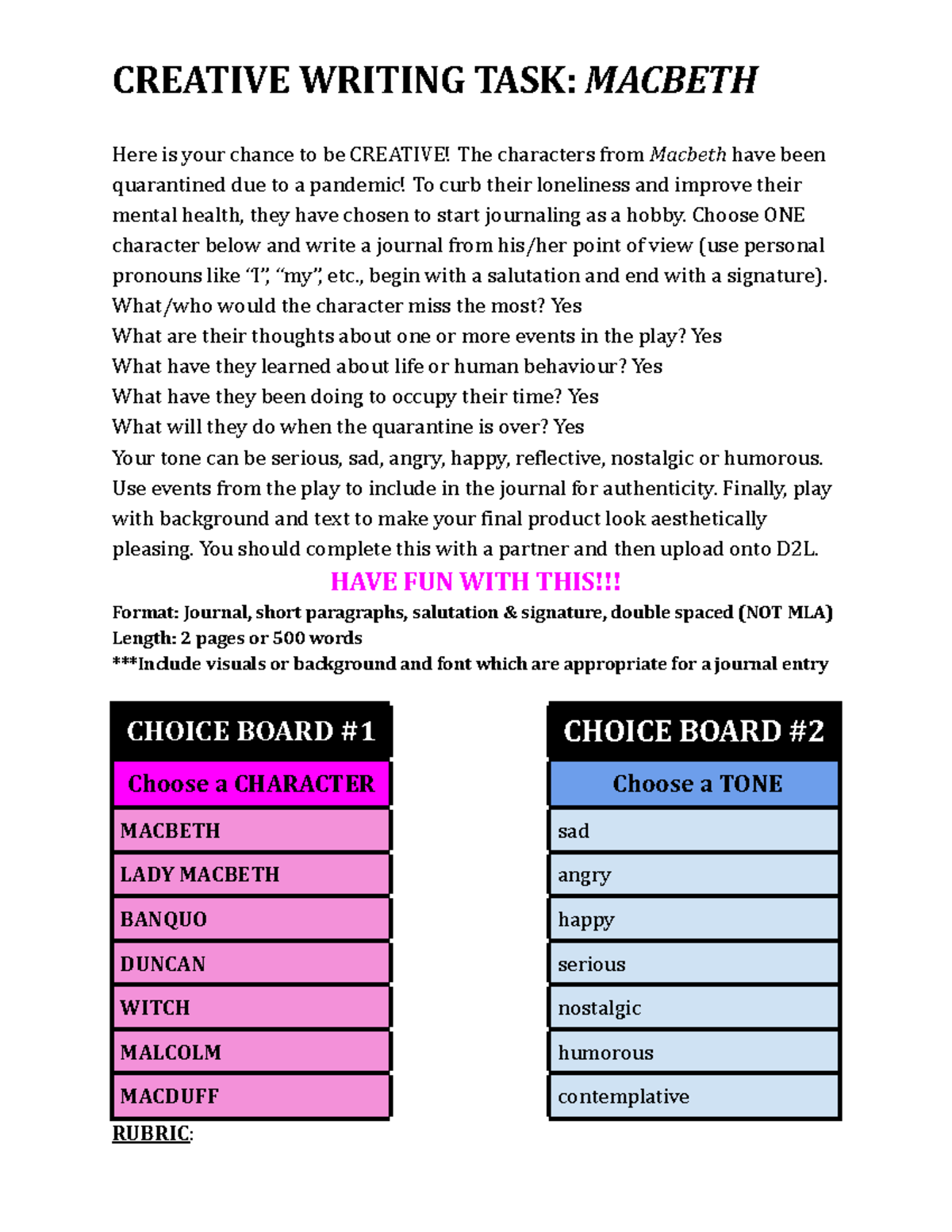 Copy of Creative Choice Board for Macbeth - CREATIVE WRITING TASK ...
