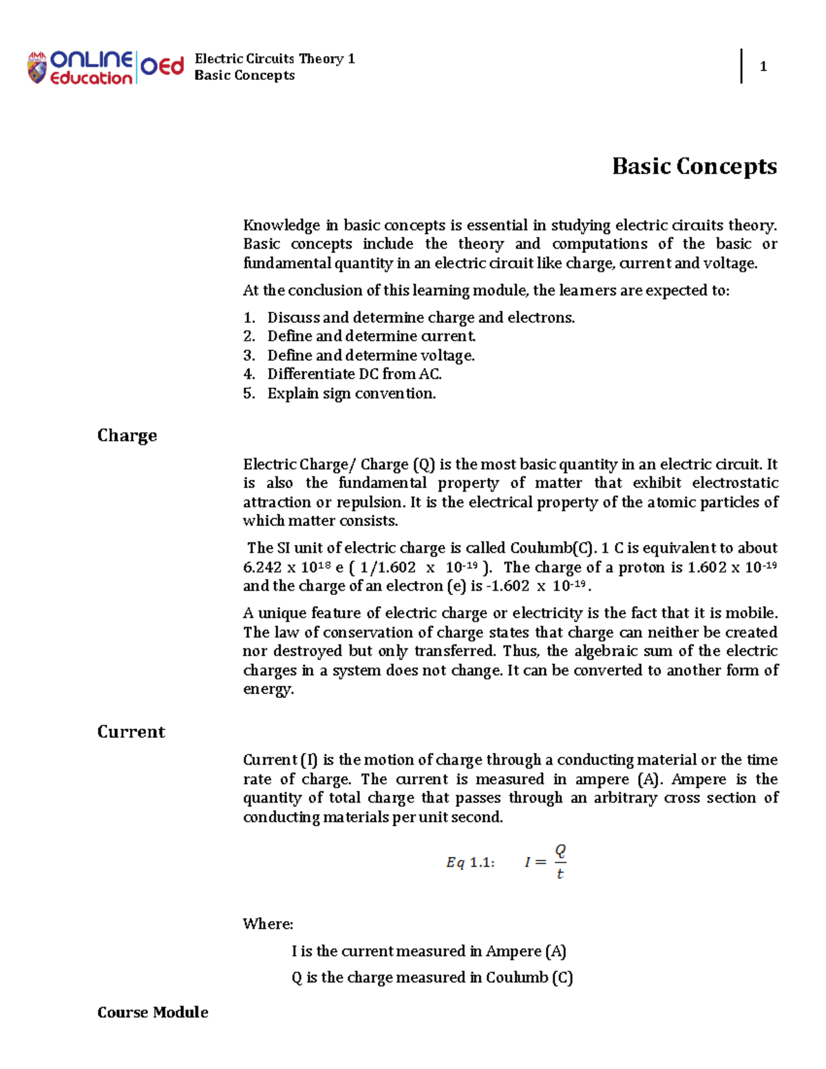 Week 1 - Basic Concepts - ARAL ARAL DIN - Electric Circuits Theory 1 Basic Concepts 1 Course ...