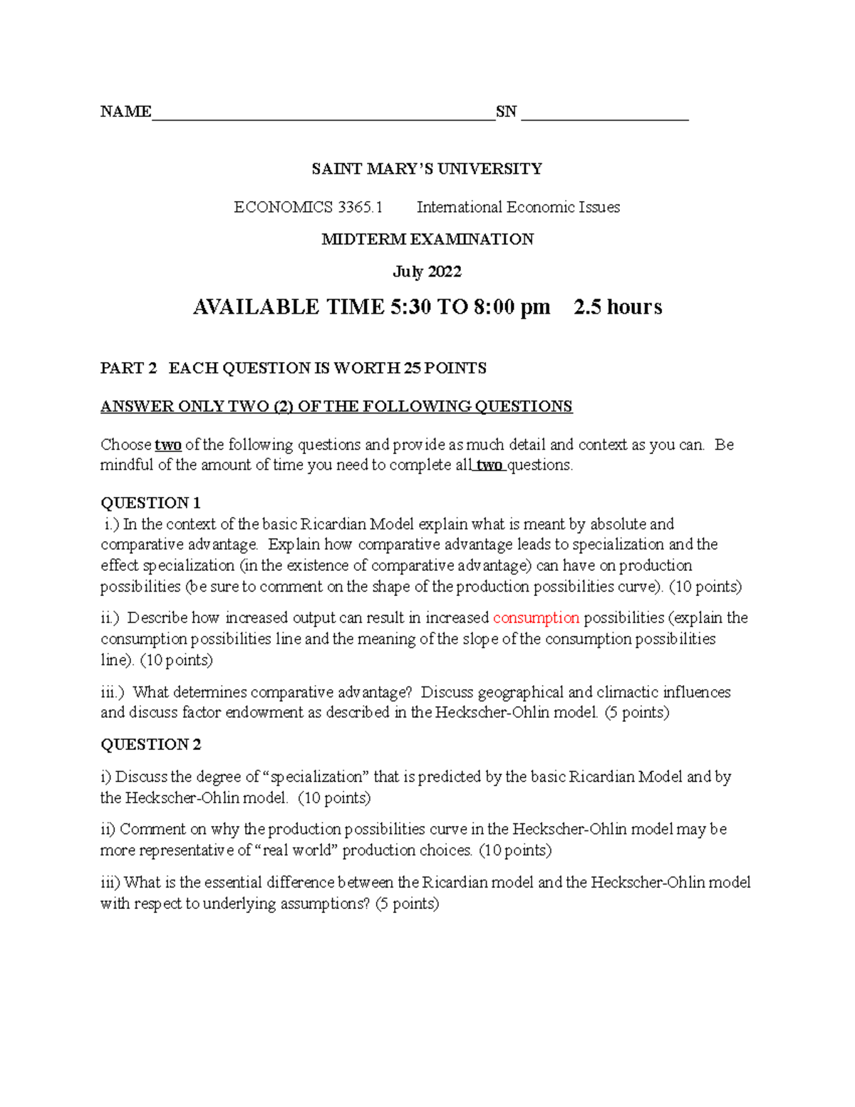 Midterm EXAM INTL S22 SA - NAME_________________________________________SN ...