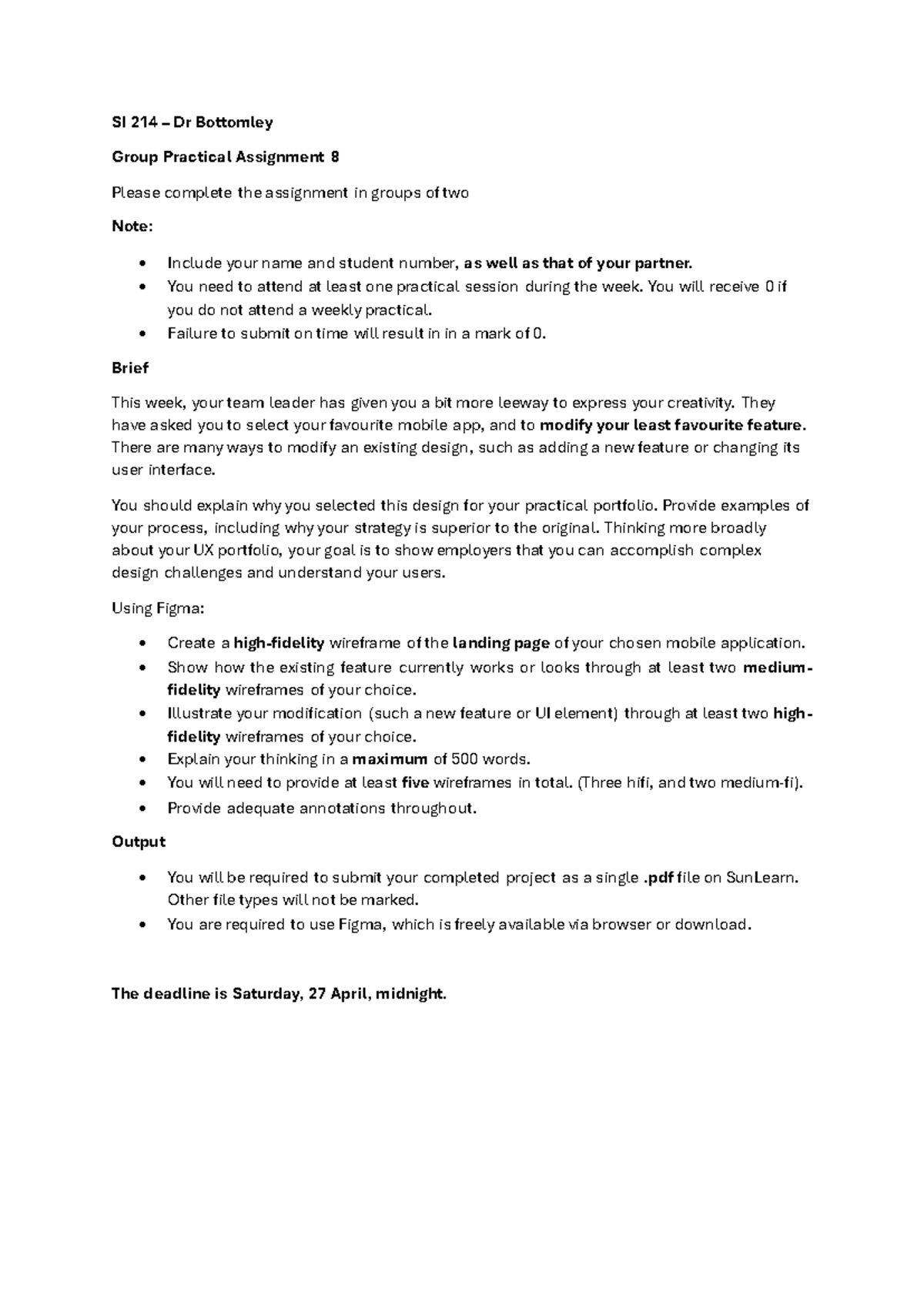Practical 8 - SI 214 – Dr Bottomley Group Practical Assignment 8 Please ...