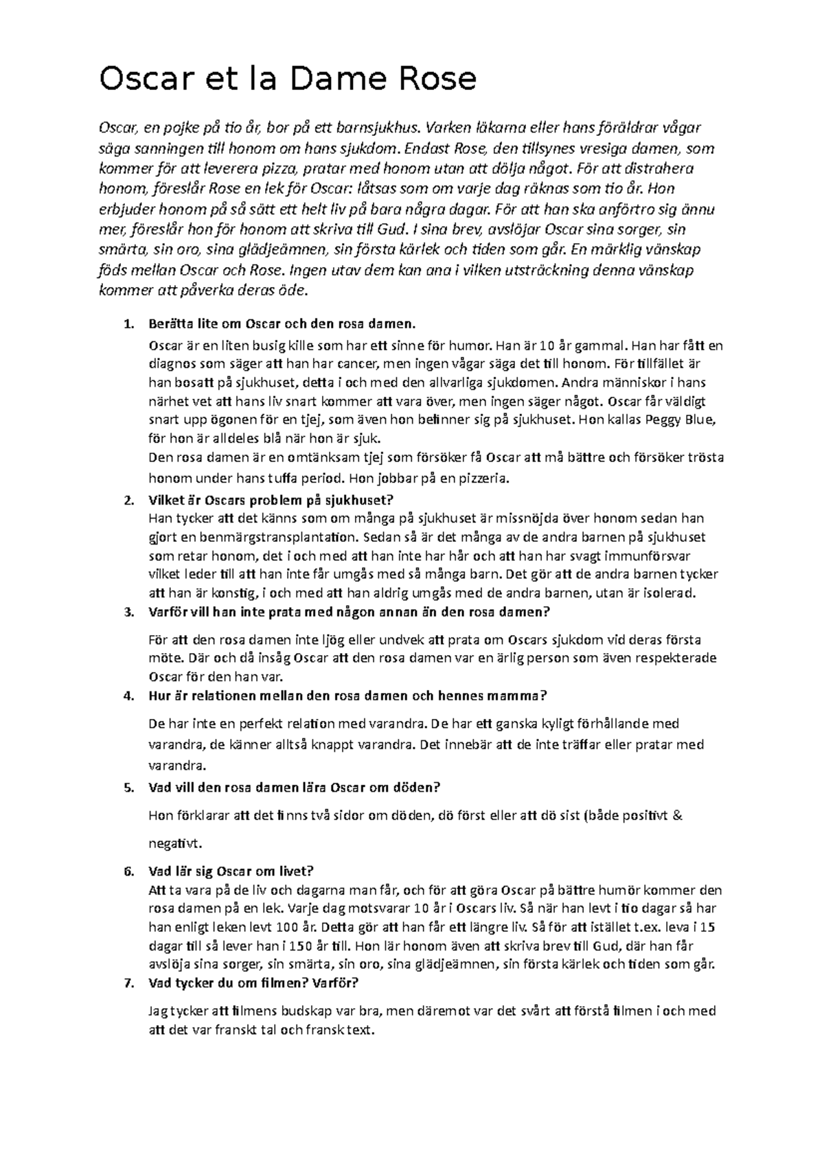 Oscar et la dame rose, Questions - Oscar et la Dame Rose Oscar, en ...