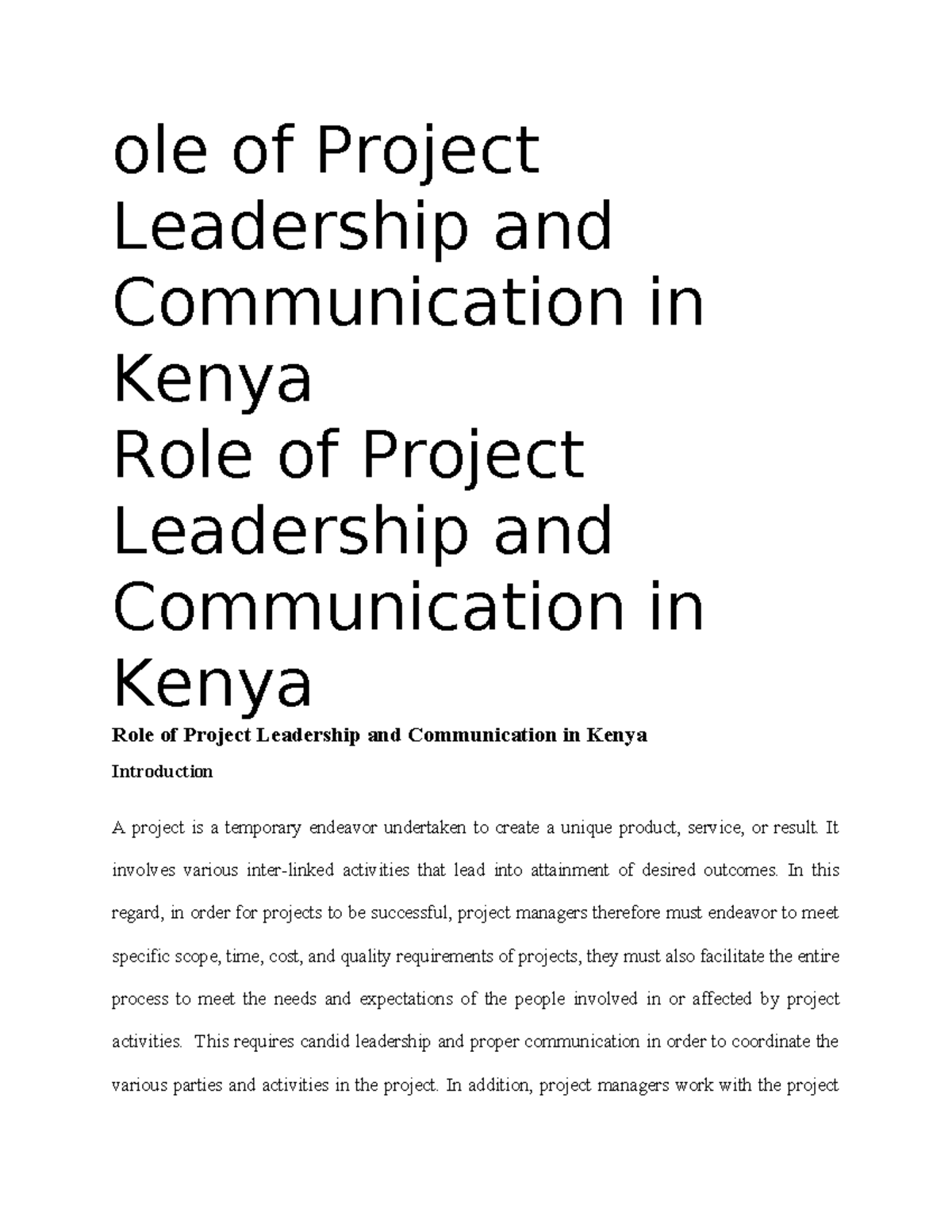 Role of Project Leadership and Communication in Kenya - ole of Project ...