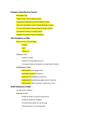 OB cheat sheet 1 - Lecture notes 23-27 - Newborn Classification System ...