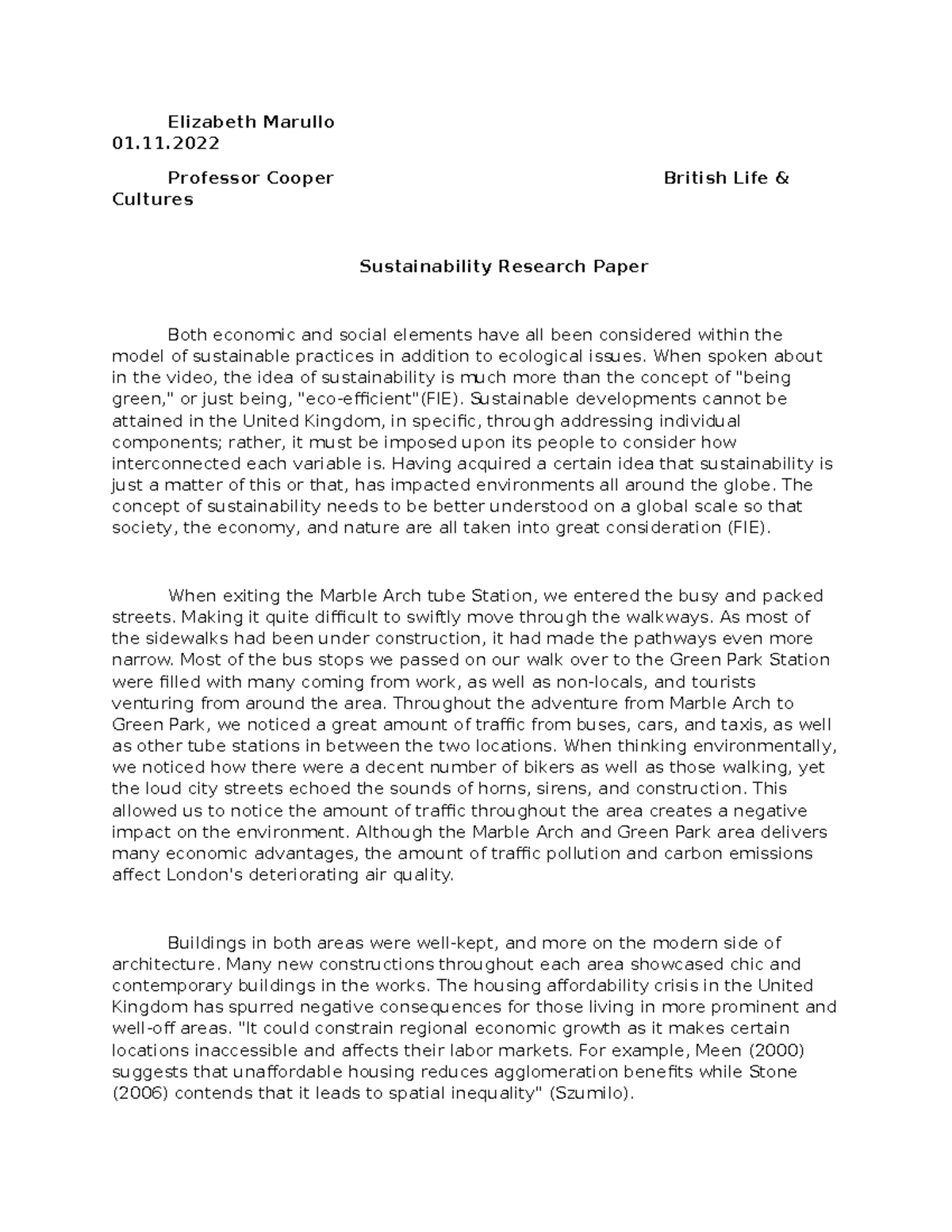 Sustainability Paper - Elizabeth Marullo 01. Professor Cooper British ...