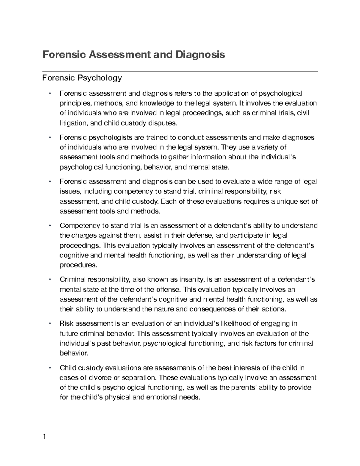 Forensic Assessment and Diagnosis Notes - Forensic Assessment and ...