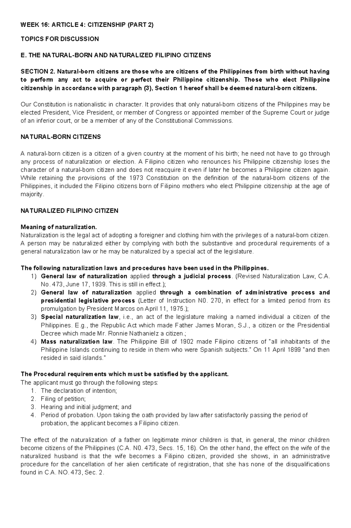 WEEK 16 Article IV Citizenship (PART 2) - WEEK 16: ARTICLE 4 ...