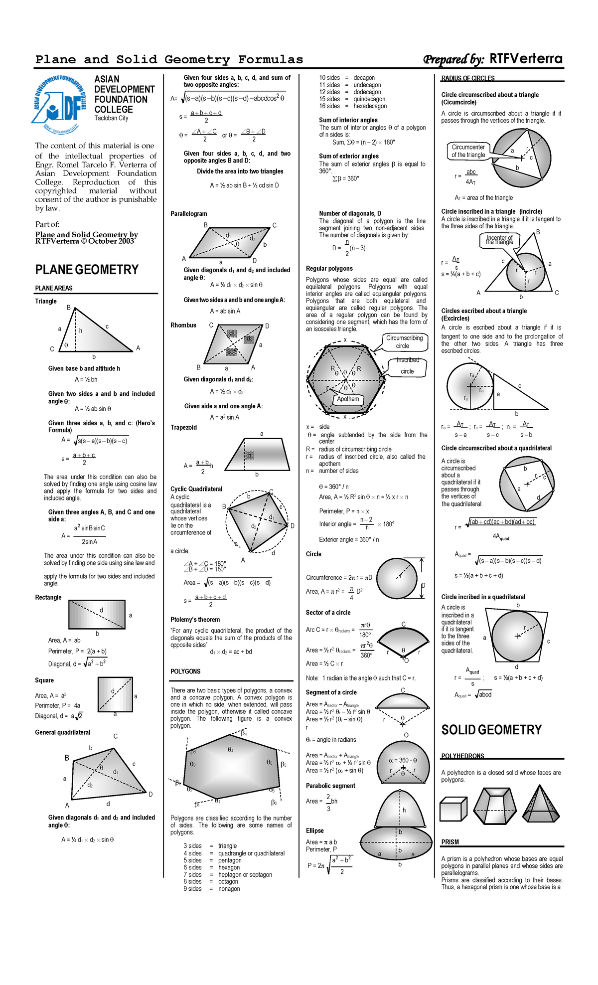Pdfcoffee - Book - Plane and Solid Geometry Formulas Prepared by ...