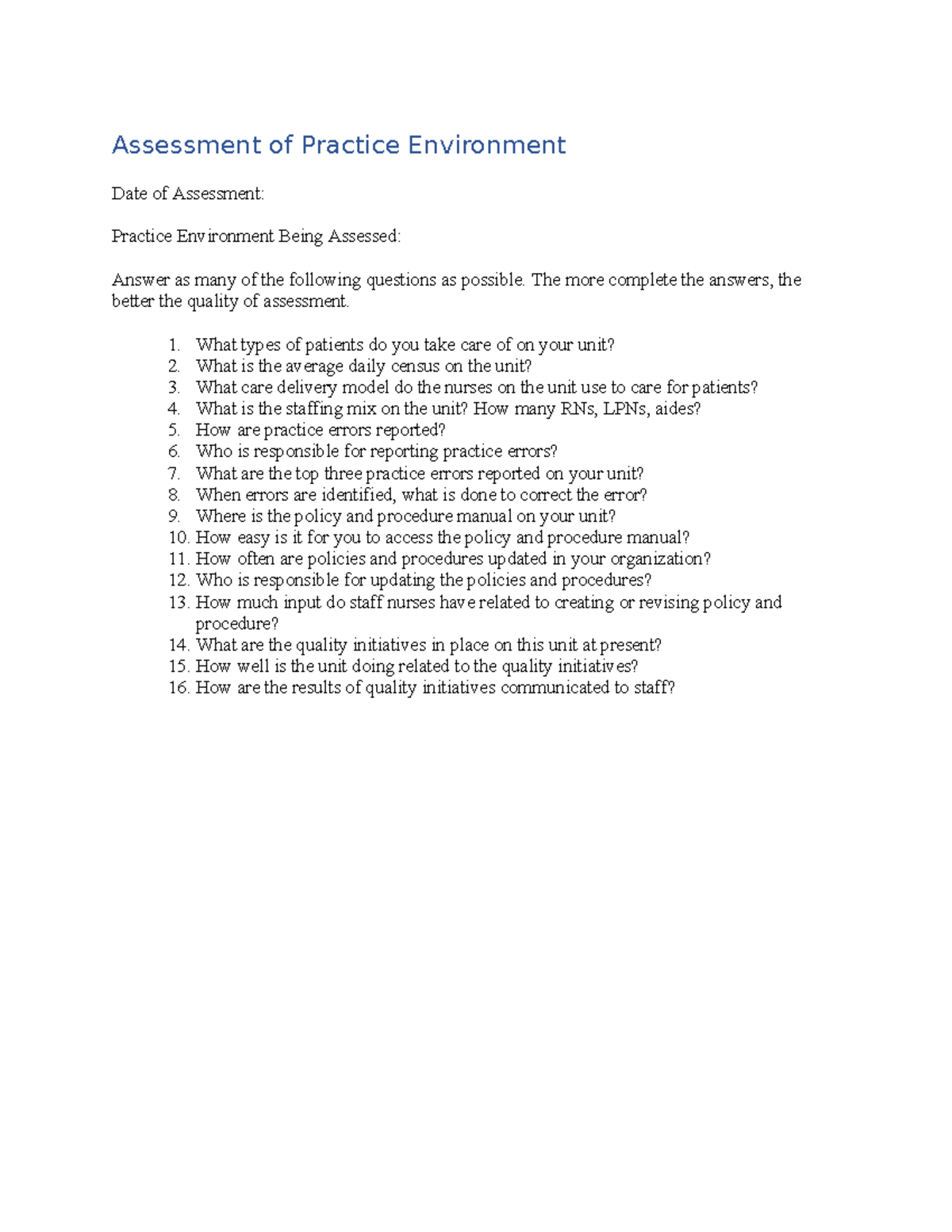 Box 16- Assessment of Practice Environment - Assessment of Practice ...
