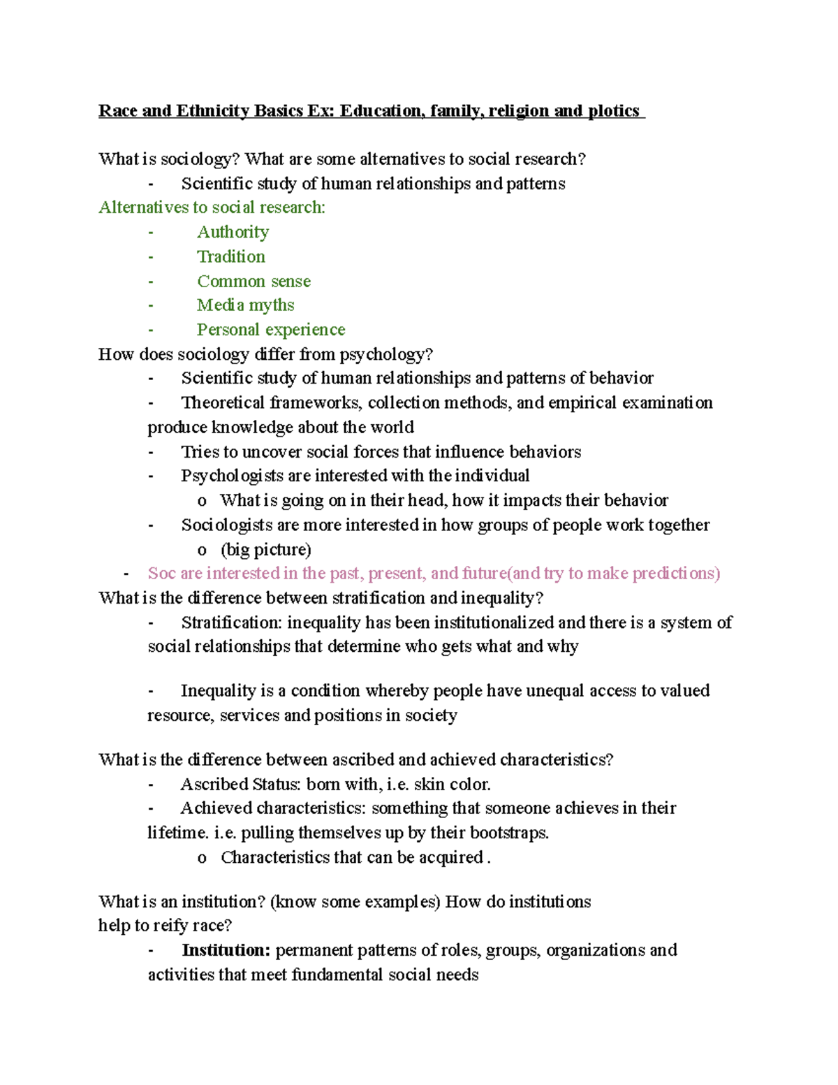 Exam 1 study guide - Race and Ethnicity Basics Ex: Education, family ...