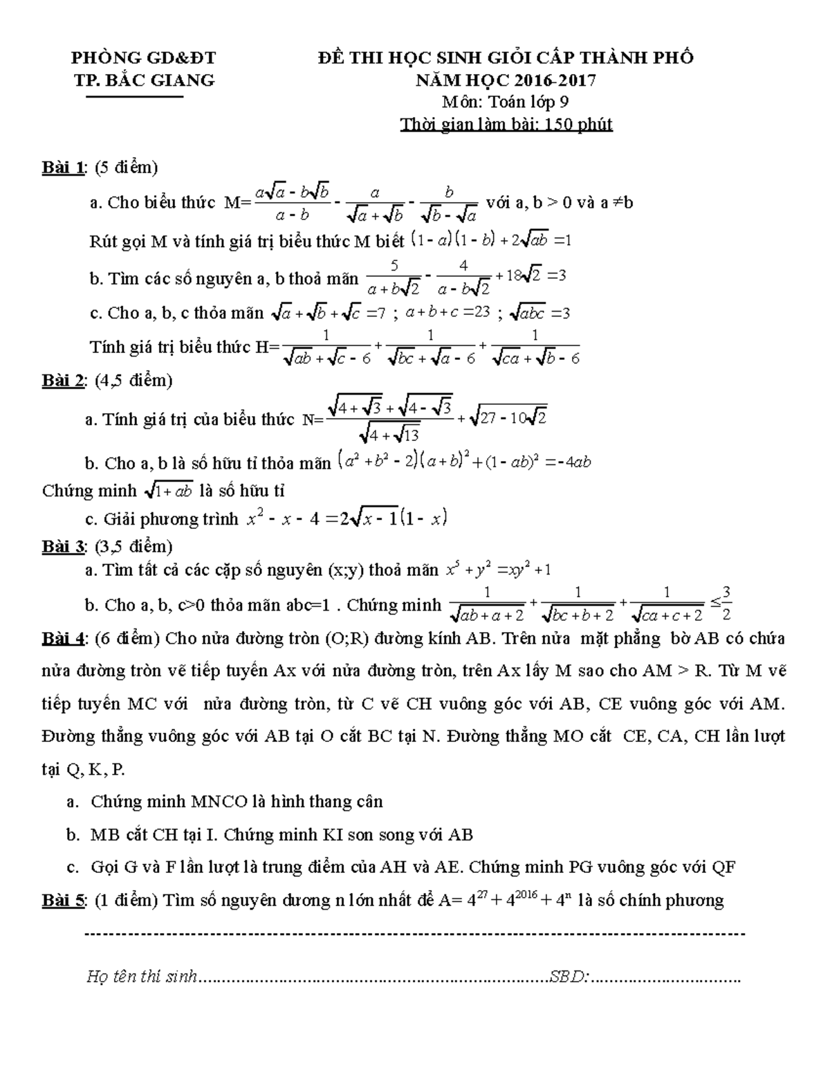 Bo de thi hsg mon toan lop 9 cap tinh - PHÒNG GD&ĐT TP. BẮC GIANG ĐỀ THI HỌC SINH GIỎI CẤP THÀNH ...