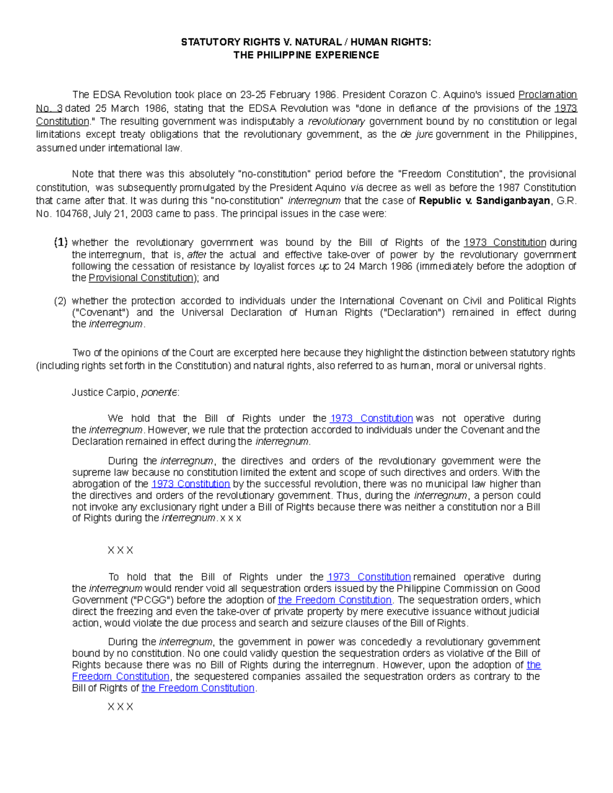 notes on human rights - STATUTORY RIGHTS V. NATURAL / HUMAN RIGHTS: THE ...