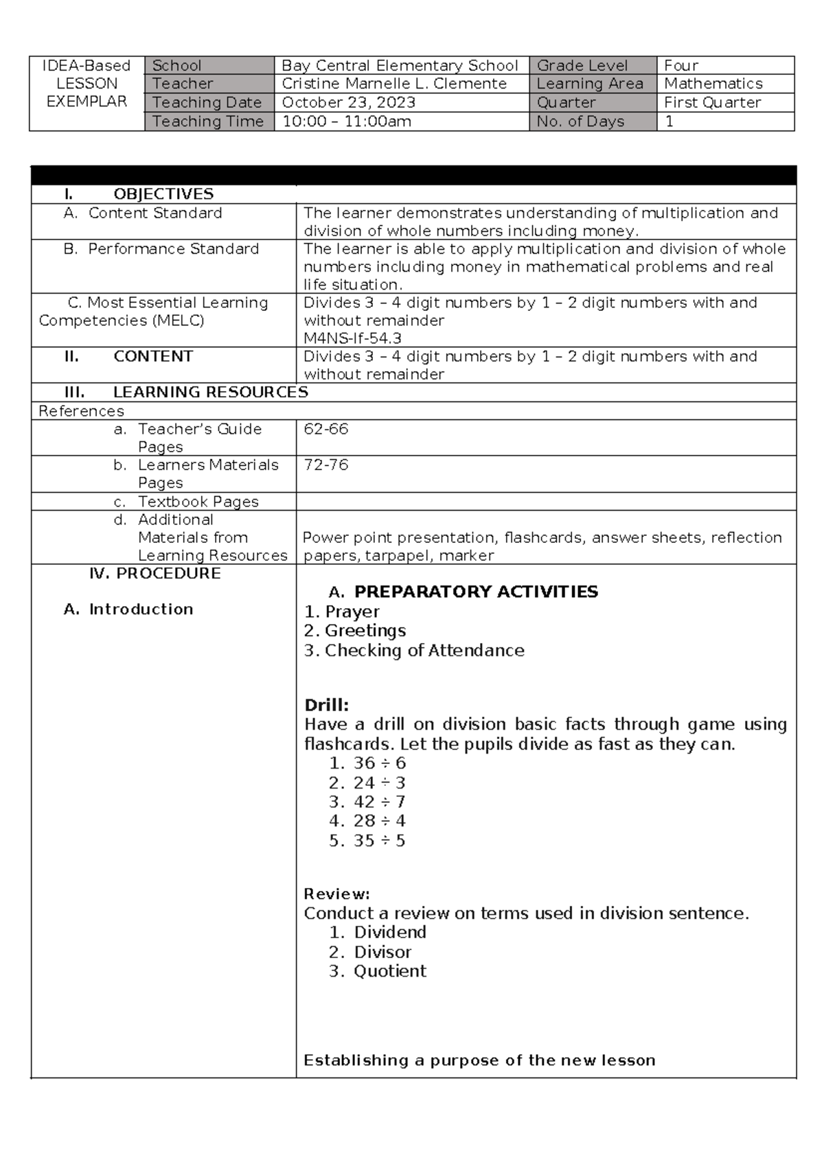 1st Q-COT-MATH - Lesson Plan in CO Math - I. OBJECTIVES A. Content ...