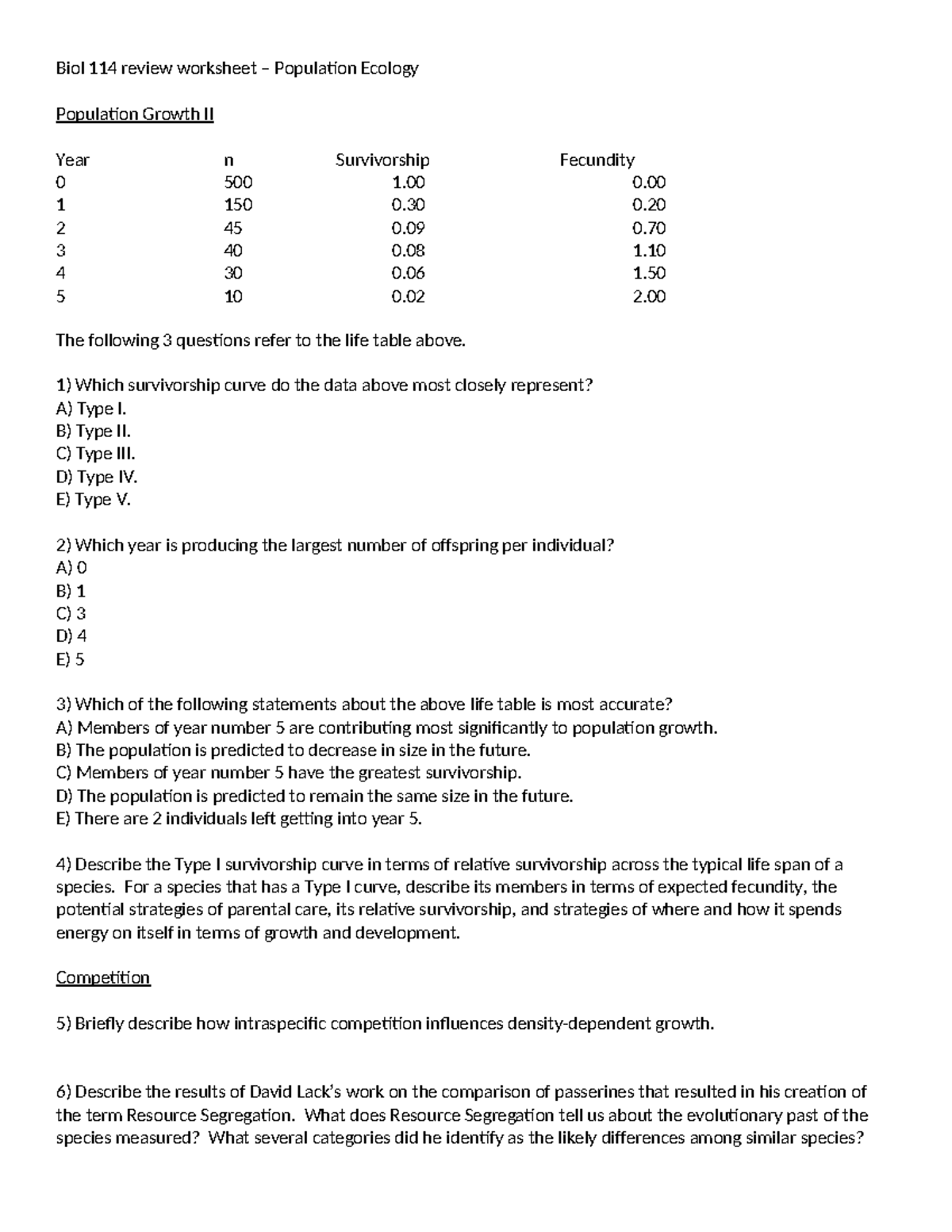 Review for 4-15 - Pop Growth II, Sp-Sp interactions, Succession and ...