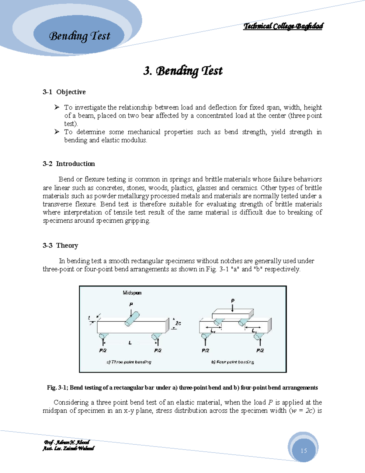3-Bending test - Prof. Adnan N. Abood Asst. Lec. Zainab Waheed Bending ...
