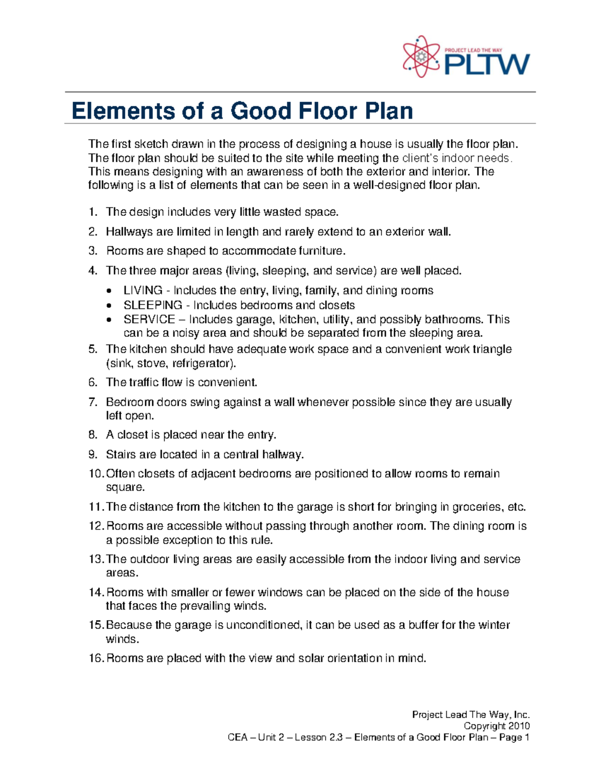 Elements of Good Floor-Plan - Project Lead The Way, Inc. Copyright 2010 ...