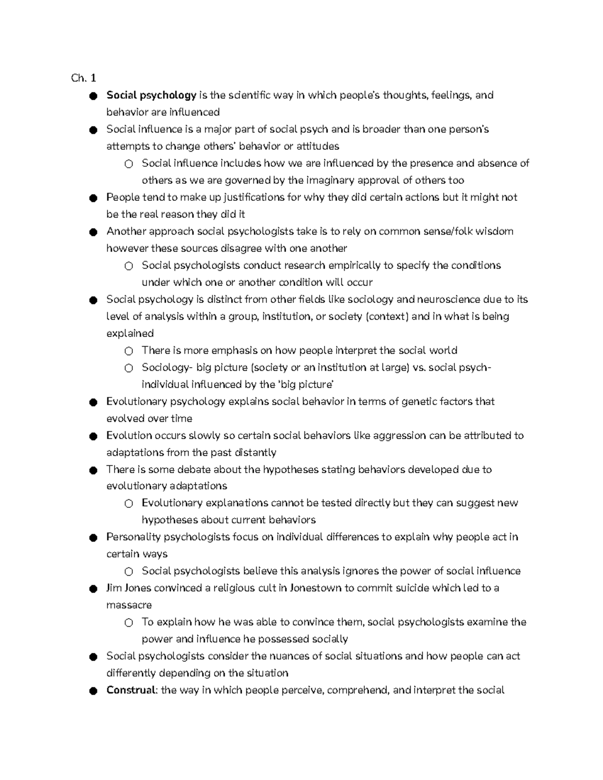 Ch. 1 - Social Psychology Textbook Notes - Ch. 1 Social psychology is ...