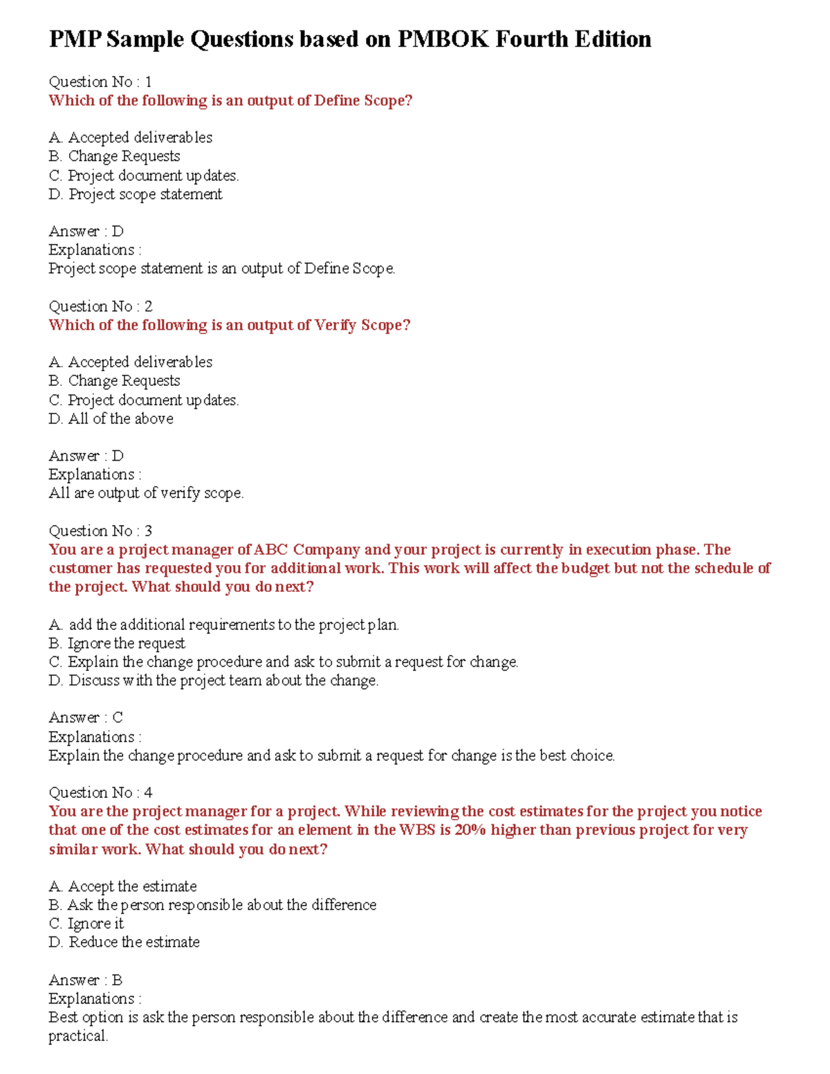 Pmbok 4 200 Sample QAs - SPM Question Bank - PMP Sample Questions based ...