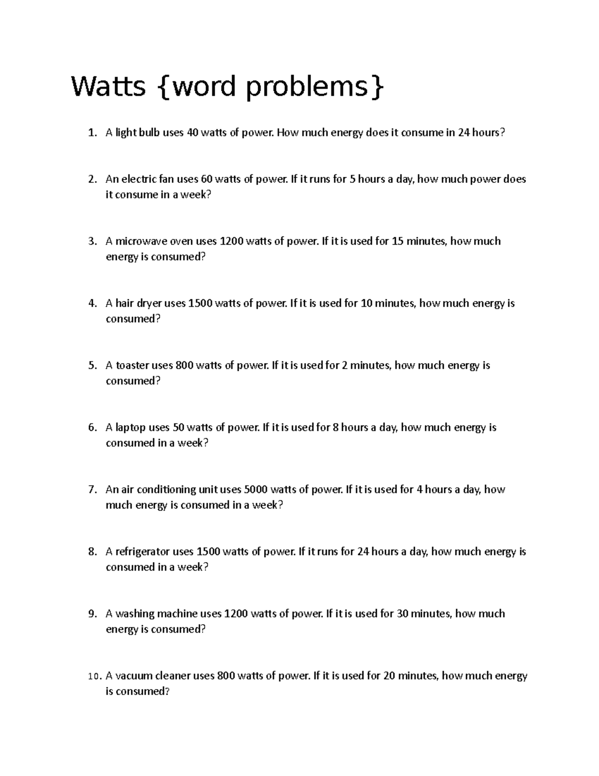 Watts word problems - self-made worksheet for fluid mechanics - Watts ...
