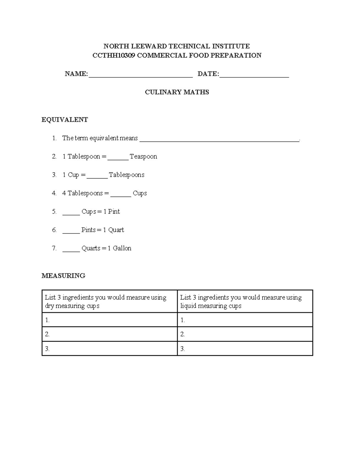Kitchen maths worksheet - NORTH LEEWARD TECHNICAL INSTITUTE CCTHH10309 ...