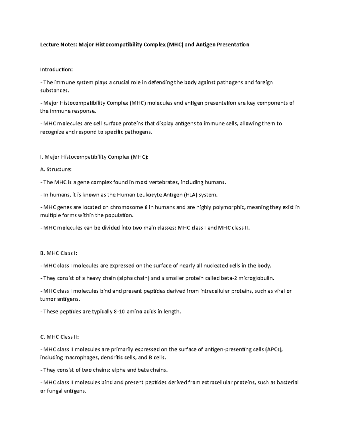 Lecture Notes: Major Histocompatibility Complex (MHC) and Antigen ...