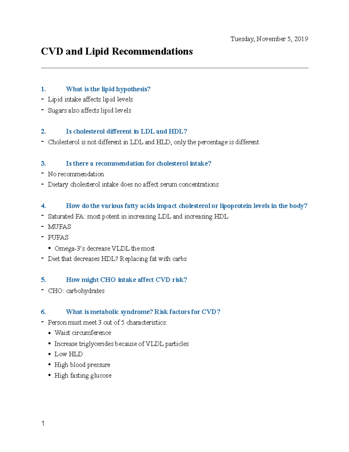 CVD&Lipid Recommendations Notes - Tuesday, November 5, 2019 CVD and ...