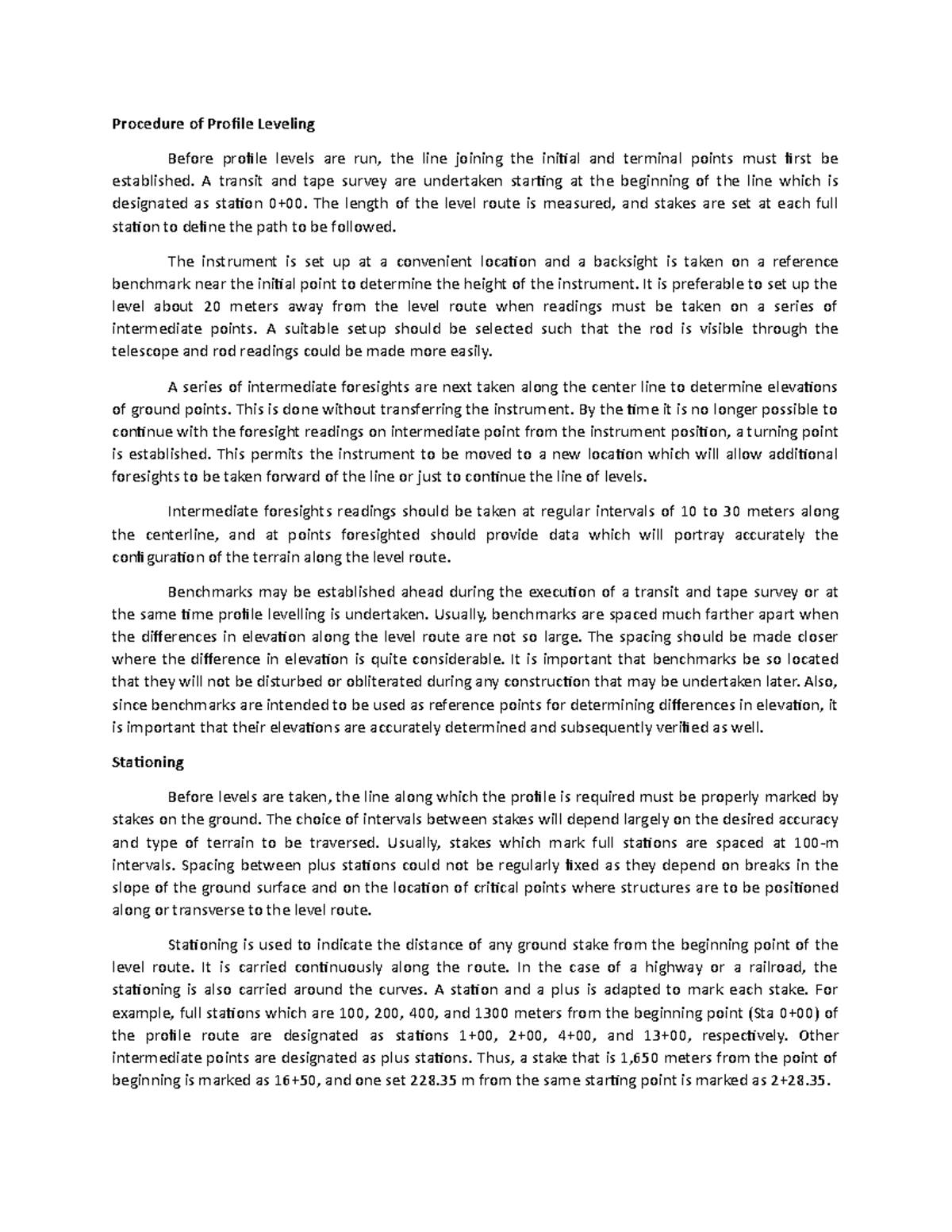 Procedure of Profile Leveling - Procedure of Profile Leveling Before ...