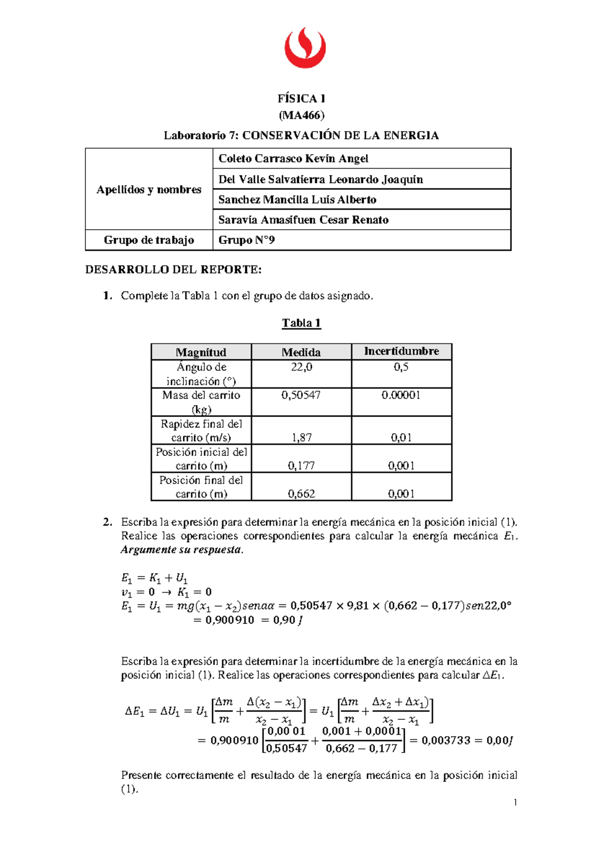 CI33 MA466 L7 Grupo N9 - Lab 7 desarrollado - 1 FÍSICA I (MA466 ...