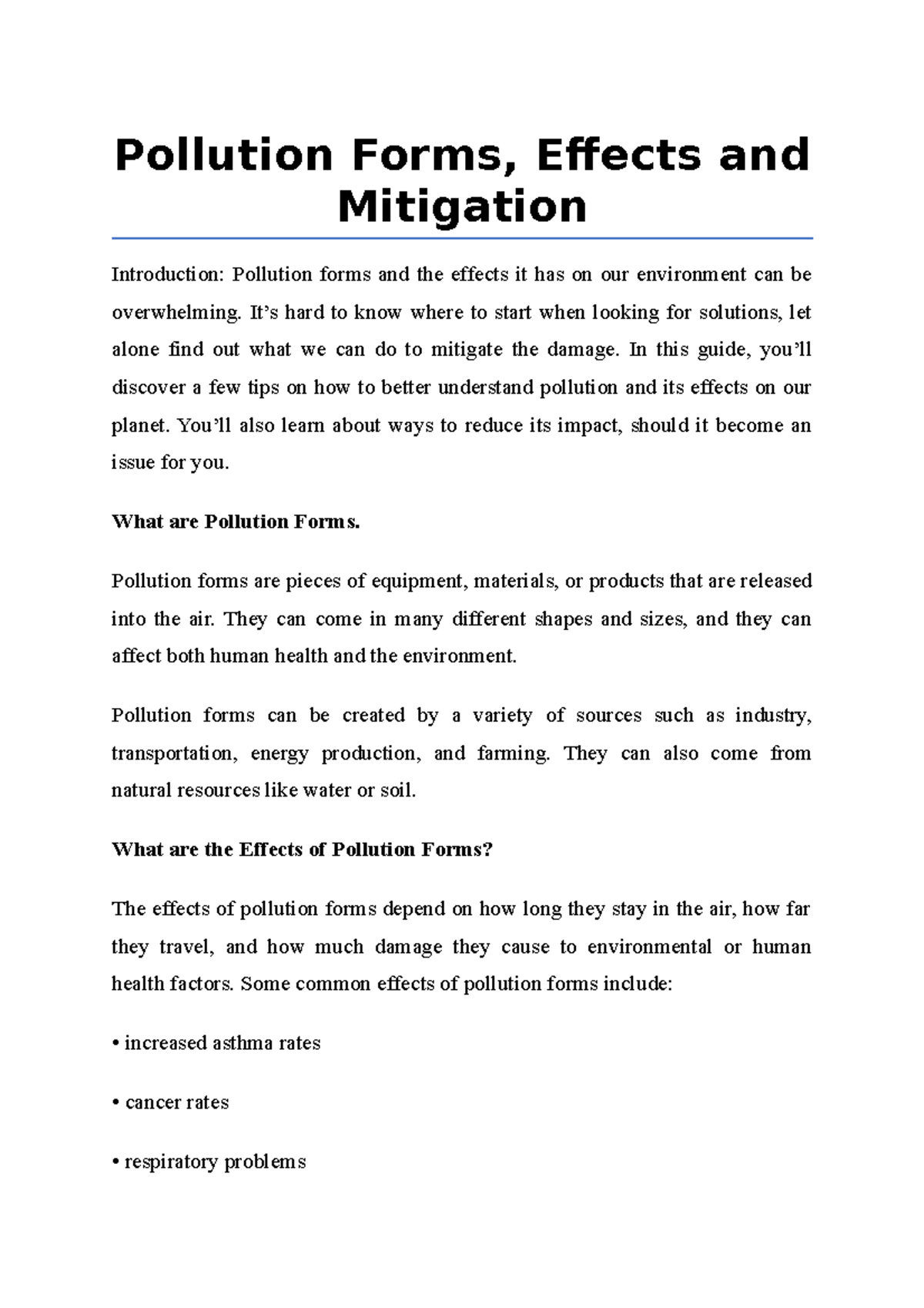 Pollution Forms, Effects and Mitigation - Pollution Forms, Effects and ...