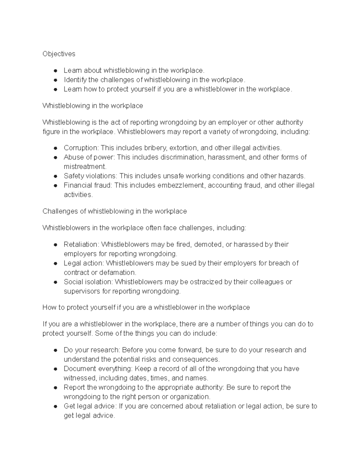 Lecture 25 Whistleblowing in the Workplace - Objectives Learn about ...