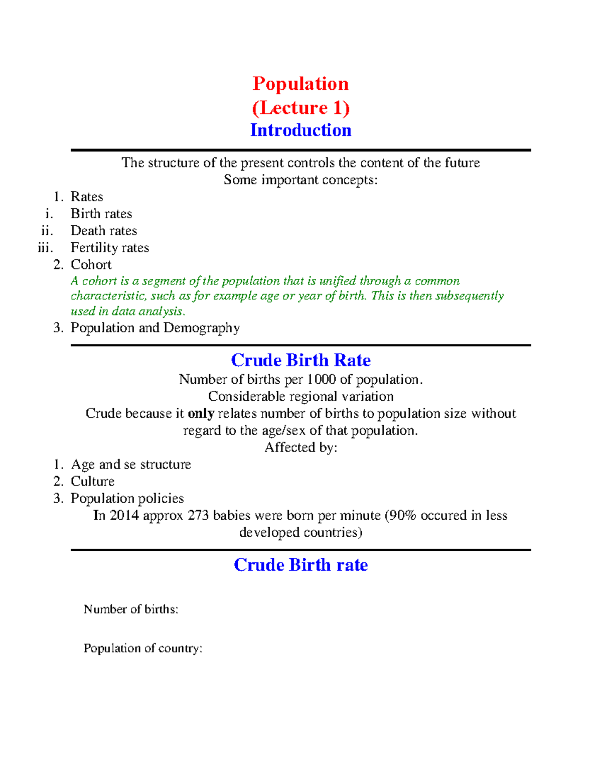 Population - Lecture notes 6-9 - Population (Lecture 1) Introduction ...