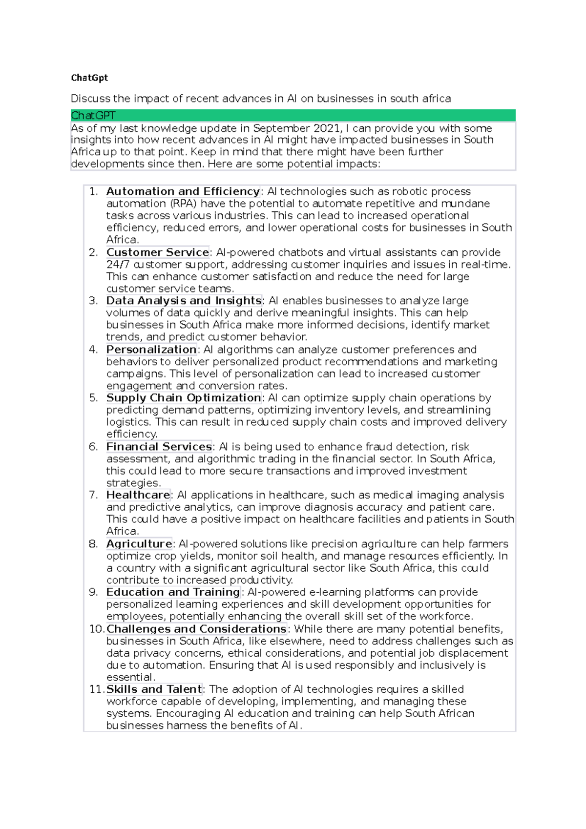 Chat Gpt questionnaire - ChatGpt Discuss the impact of recent advances ...