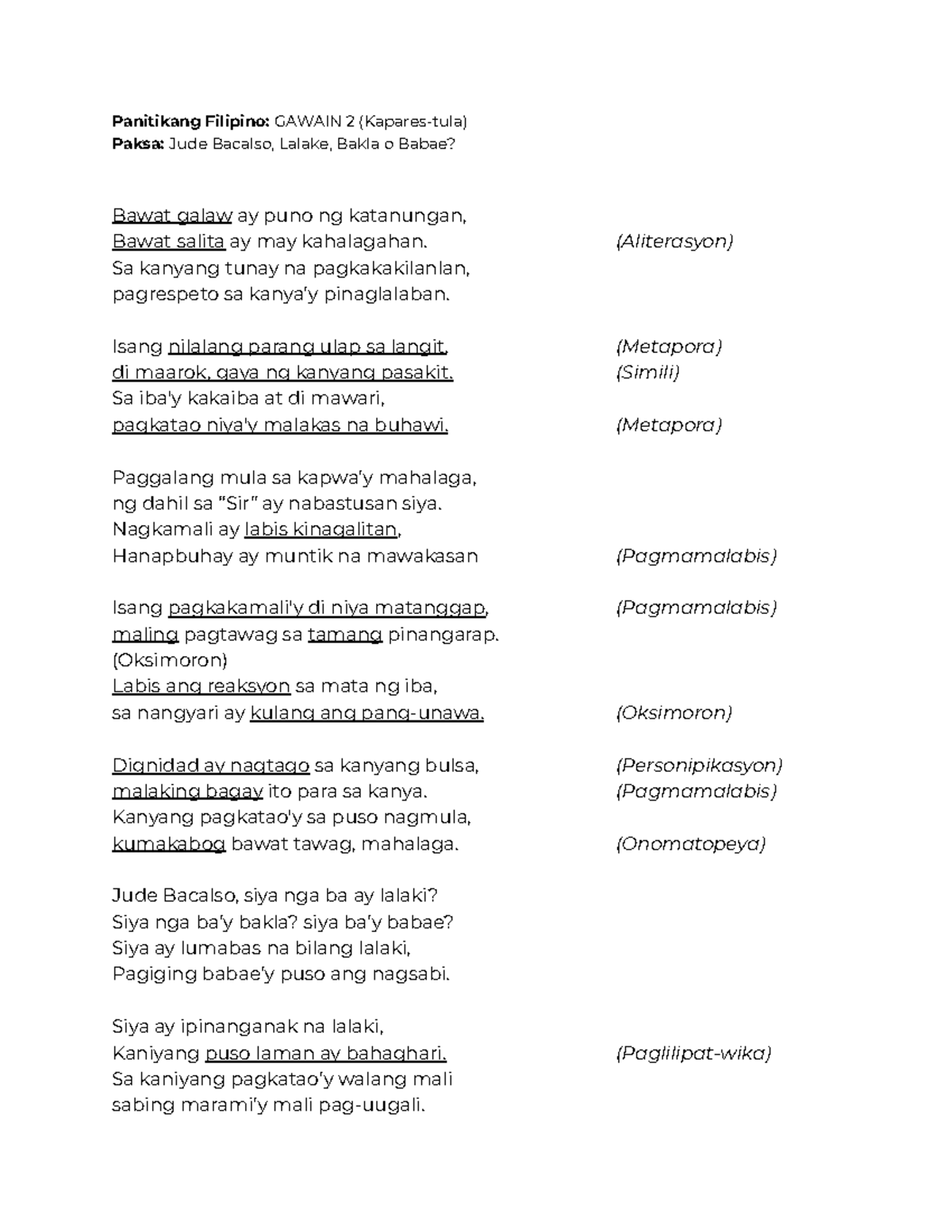 Kapares-tula - Gawain 2 - Panitikang Filipino: GAWAIN 2 (Kapares-tula ...