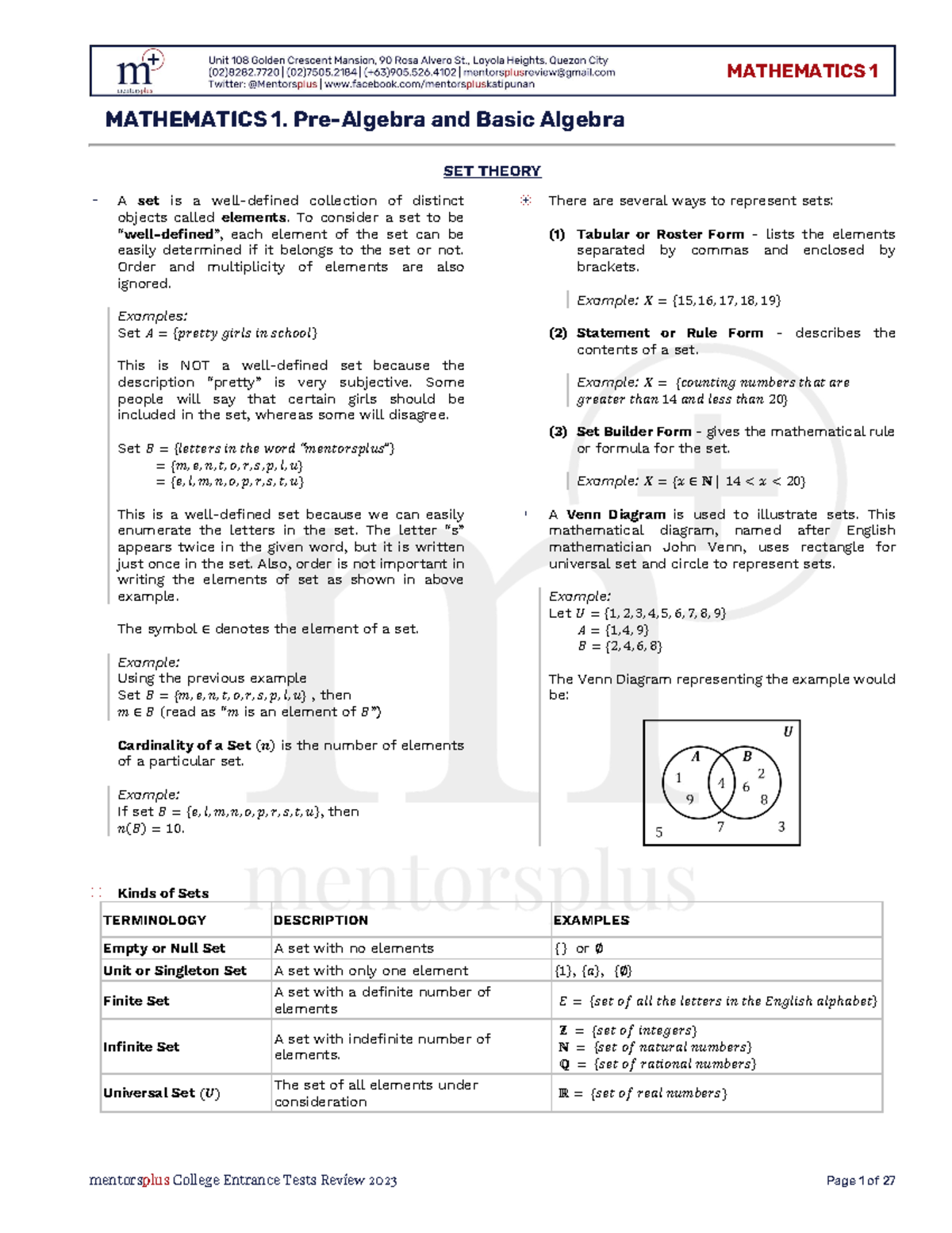 MATH2023 - Review - MATHEMATICS 1. Pre-Algebra and Basic Algebra SET ...
