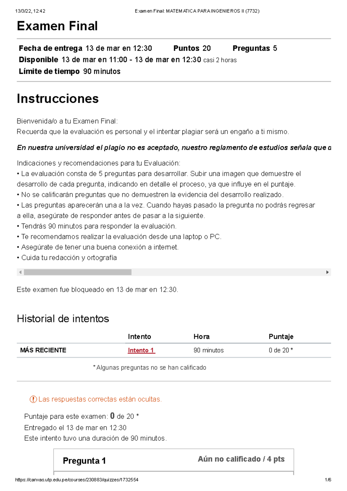 Examen Final Matematica PARA Ingenieros II (7732) - * Algunas preguntas no se han calificado ...