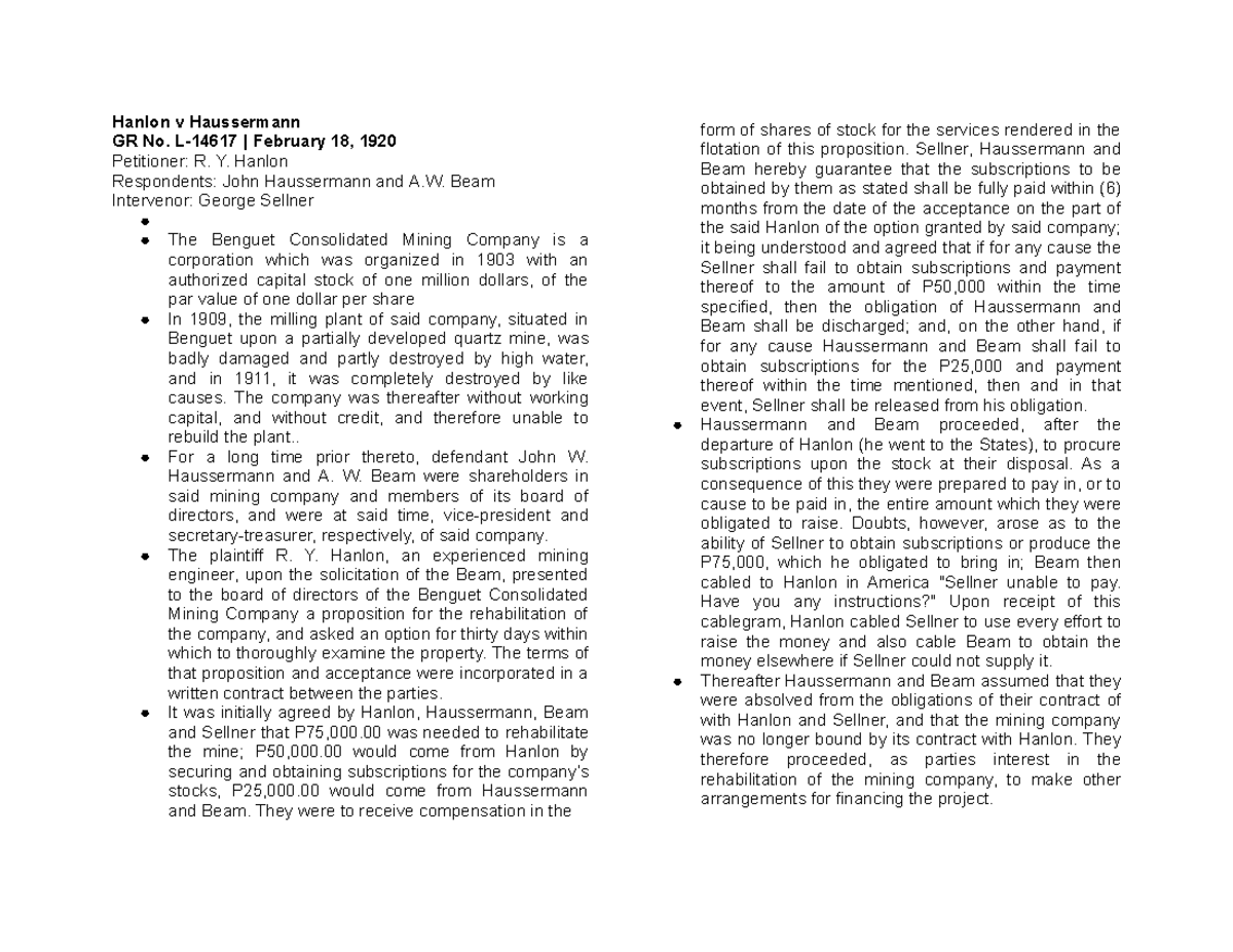 3 hanlon v hausserman and beam - Hanlon v Haussermann GR No. L-14617 ...