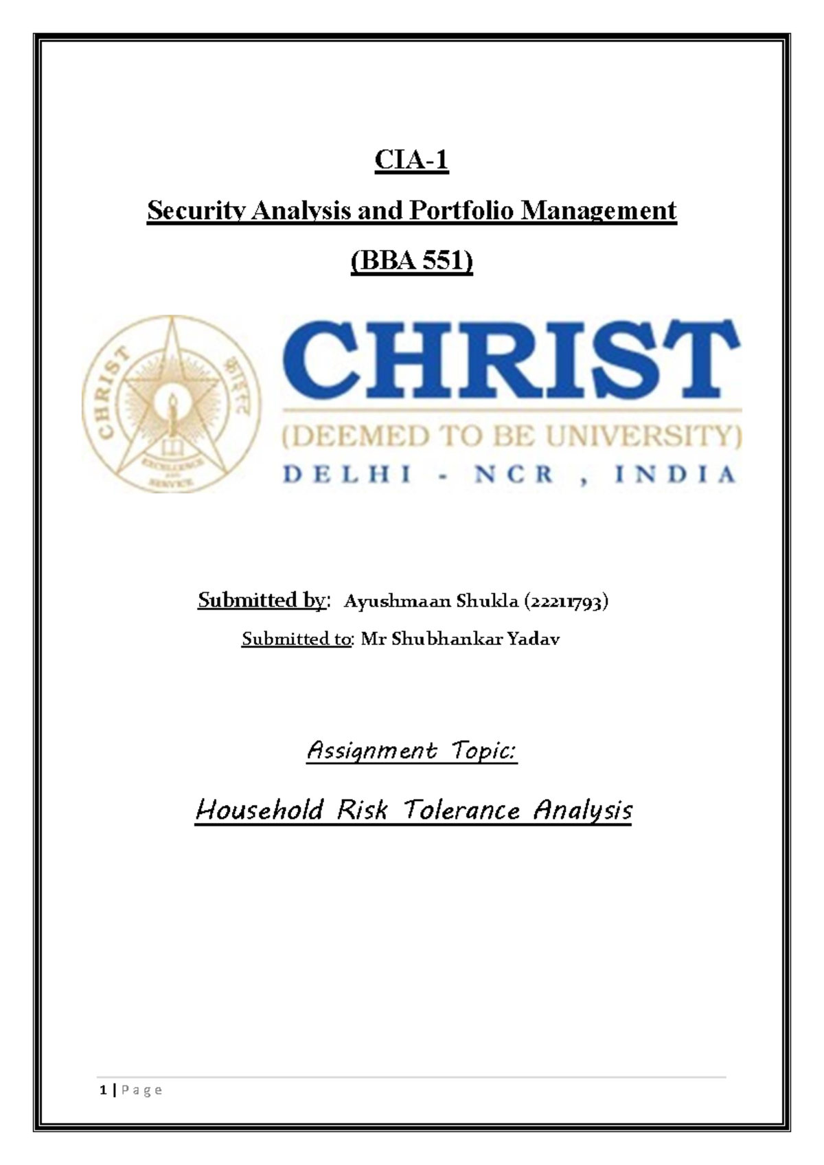 CIA 1 SAPM - CIA 1 of SAPM - CIA- 1 Security Analysis and Portfolio ...