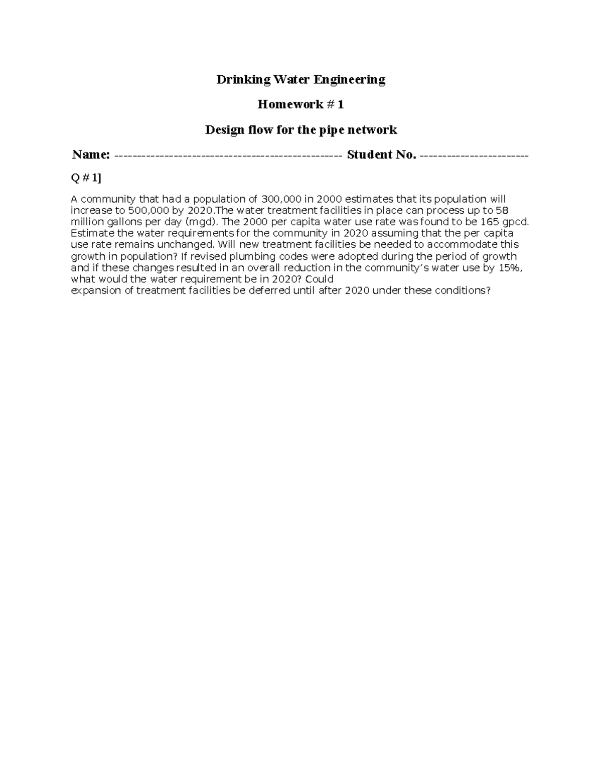 Homework # 2 Drinking Water - Drinking Water Engineering Homework # 1 ...