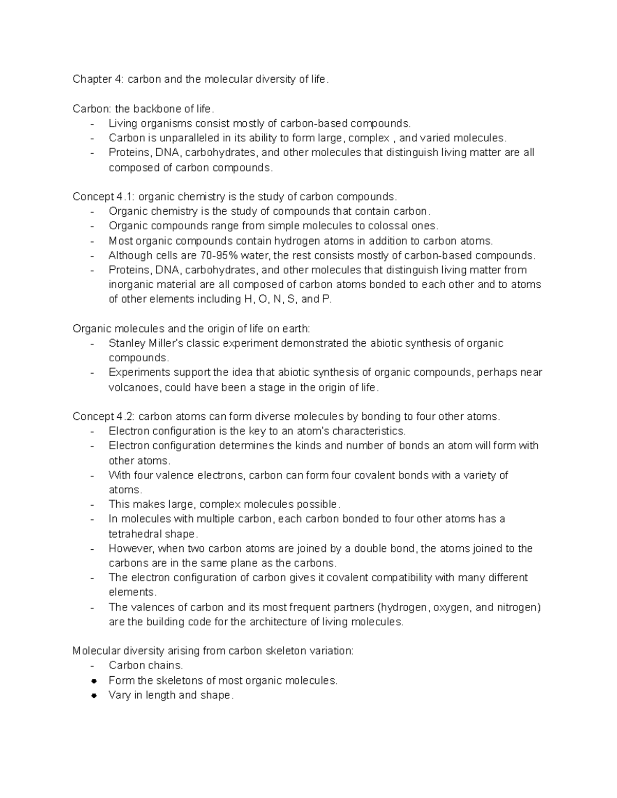 Chapter 4 BIO lec - carbon and molecular diversity of life. - Chapter 4 ...