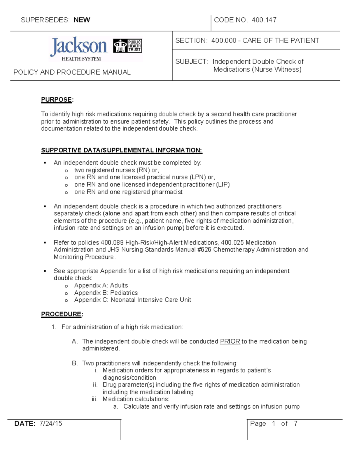 Policy 400.147 Double check of medications - SECTION: 400 - CARE OF THE ...