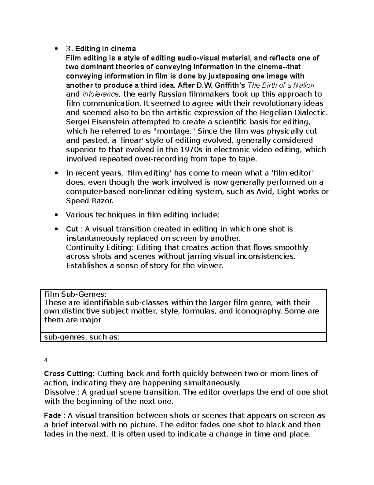 Intro to film notes 2 - 3. Editing in cinema Film editing is a style of ...