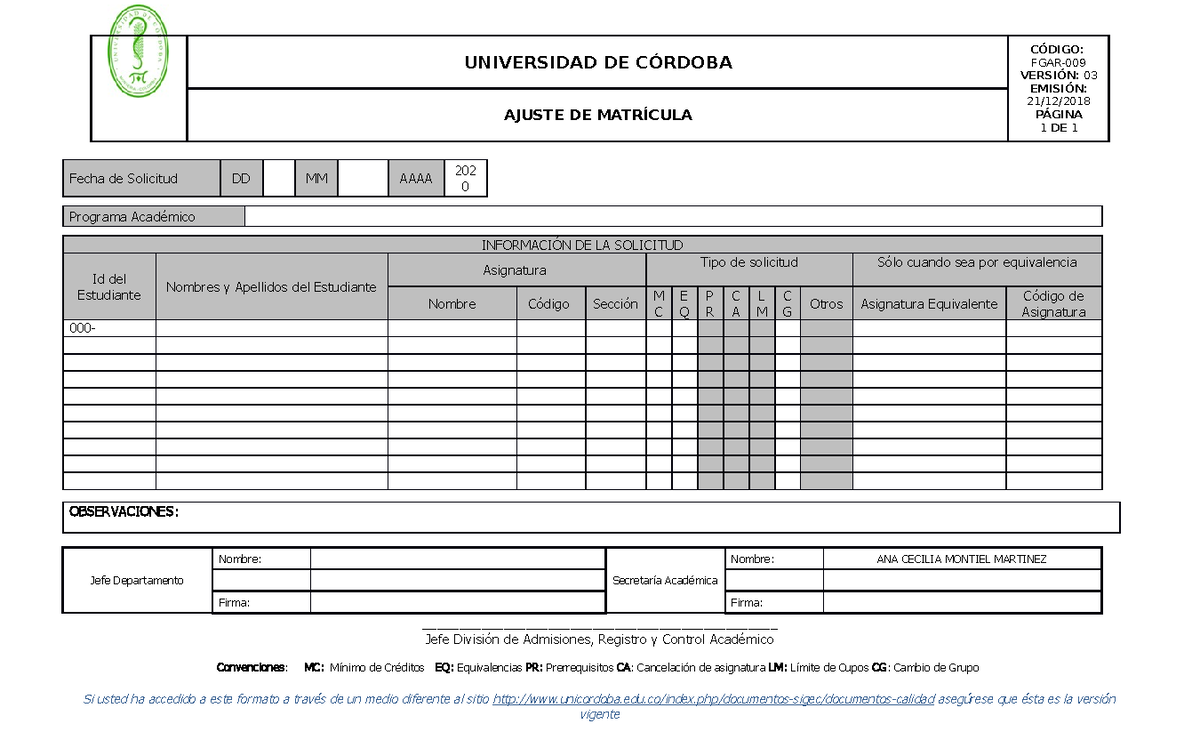 Ajuste-de-matricula - .ayer - UNIVERSIDAD DE CÓRDOBA CÓDIGO: FGAR ...