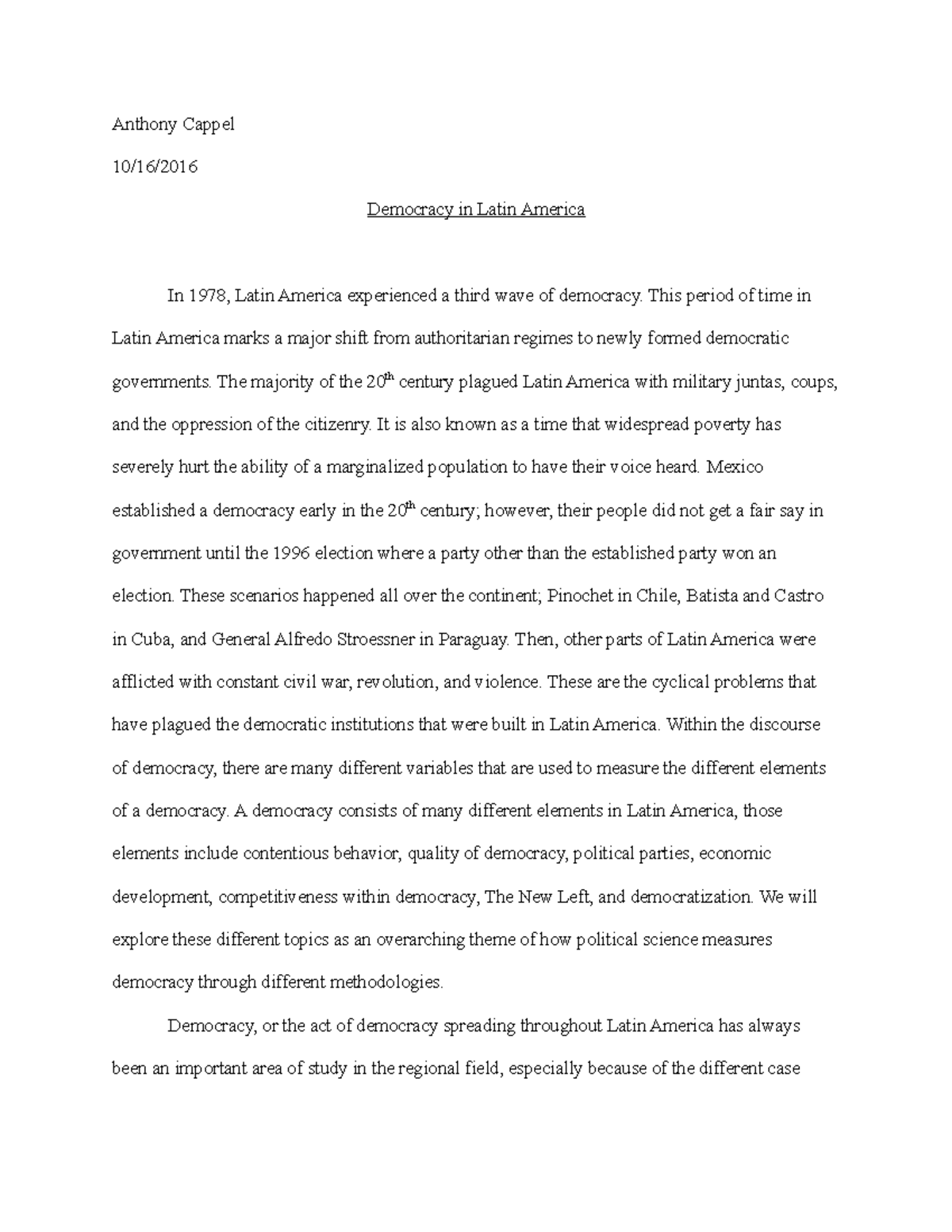 Democracy in Latin America - Anthony Cappel 10/16/2016 Democracy in ...