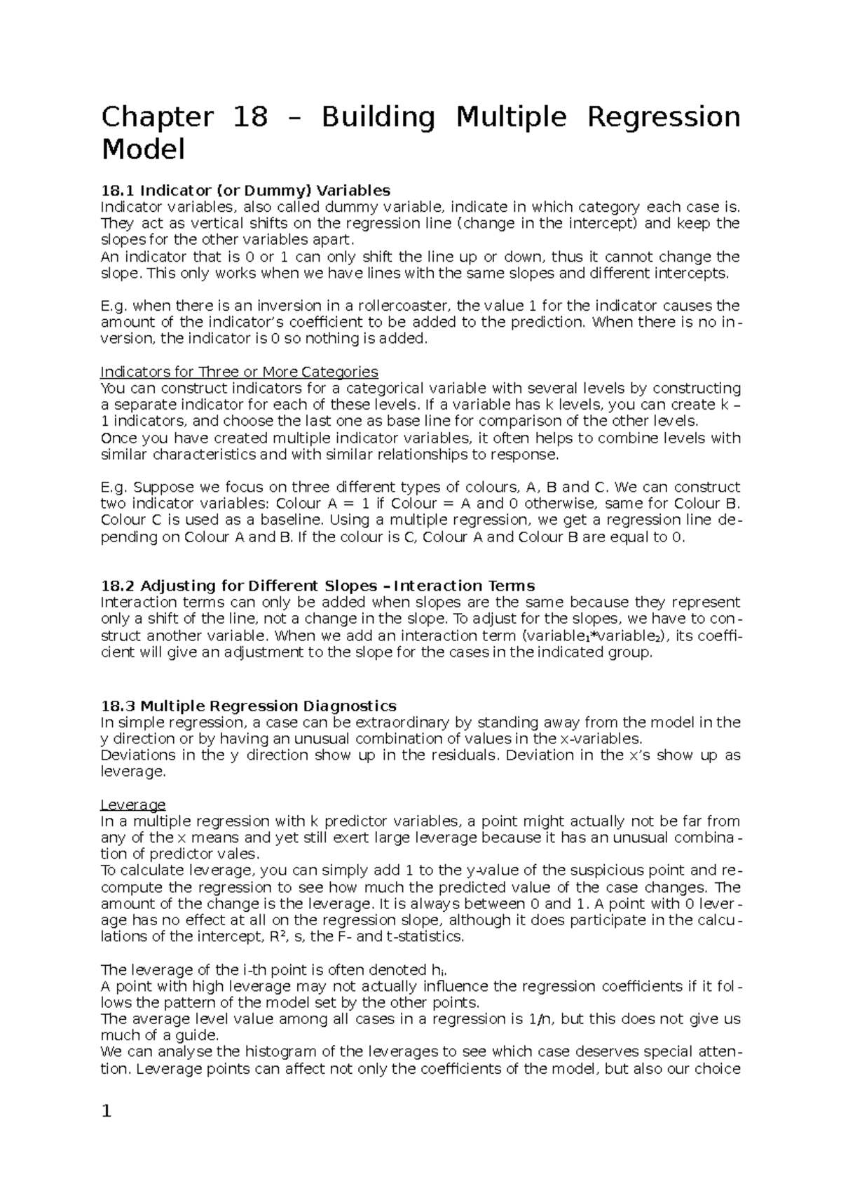 Stats - Chapter 18 - Chapter 18 – Building Multiple Regression Model 18 Indicator (or Dummy ...