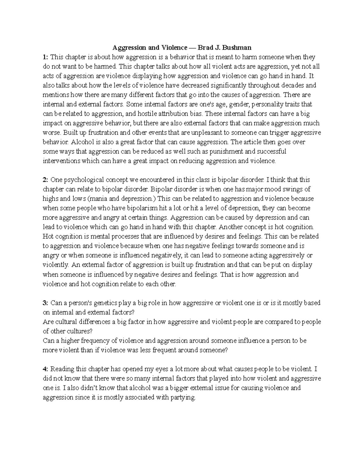 Writing Assignment 3 - Aggression and Violence — Brad J. Bushman 1 ...