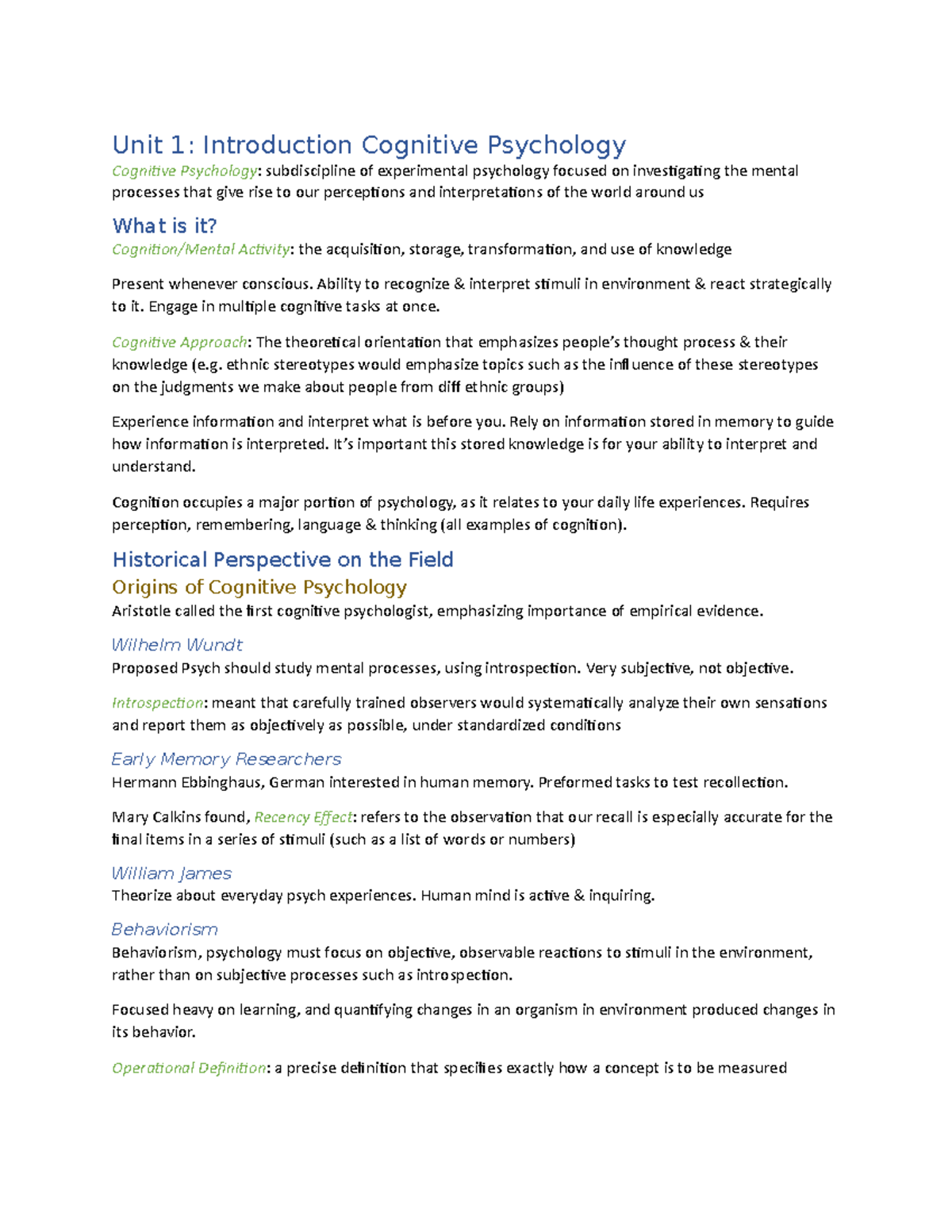 Ch.1 Intro to Cognitive Psych - Unit 1: Introduction Cognitive ...